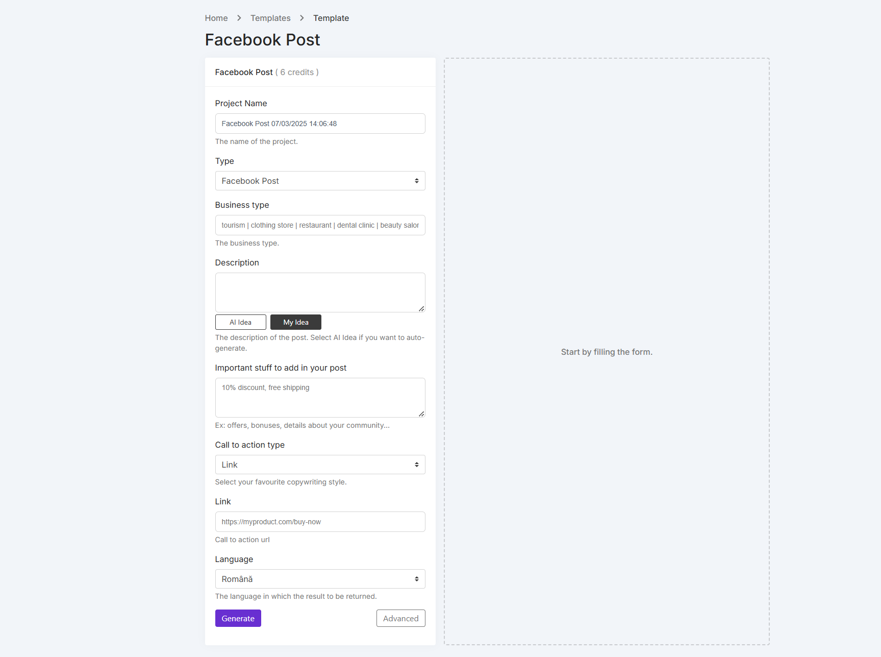 Facebook Posts Generator - AllinWriter.com - AI Marketing Automation